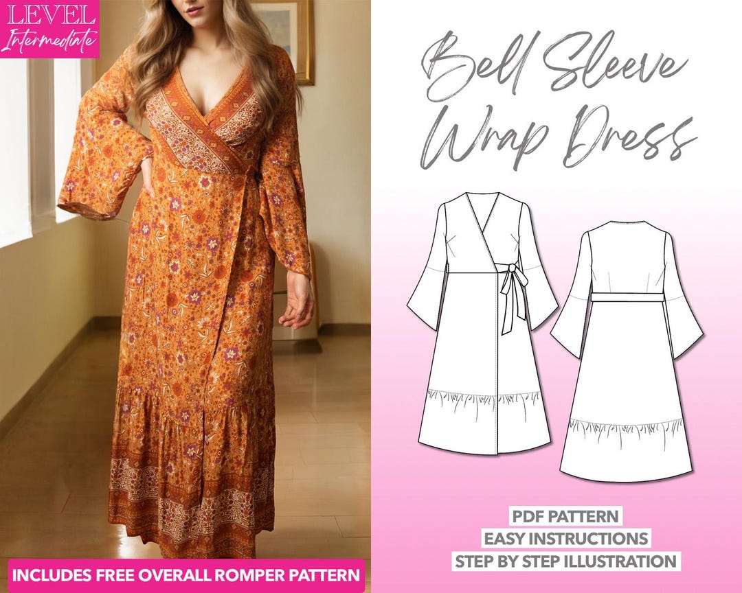 Bell Sleeve Wrap Dress Sewing Pattern: Maxi Dress PDF (XS-XXXL) + Bonus ...