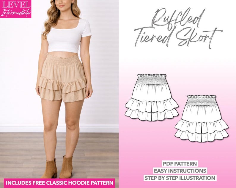 Ruffled Tiered Skort Sewing Pattern: Boho Chic (PDF Download, XS-XXXL ...
