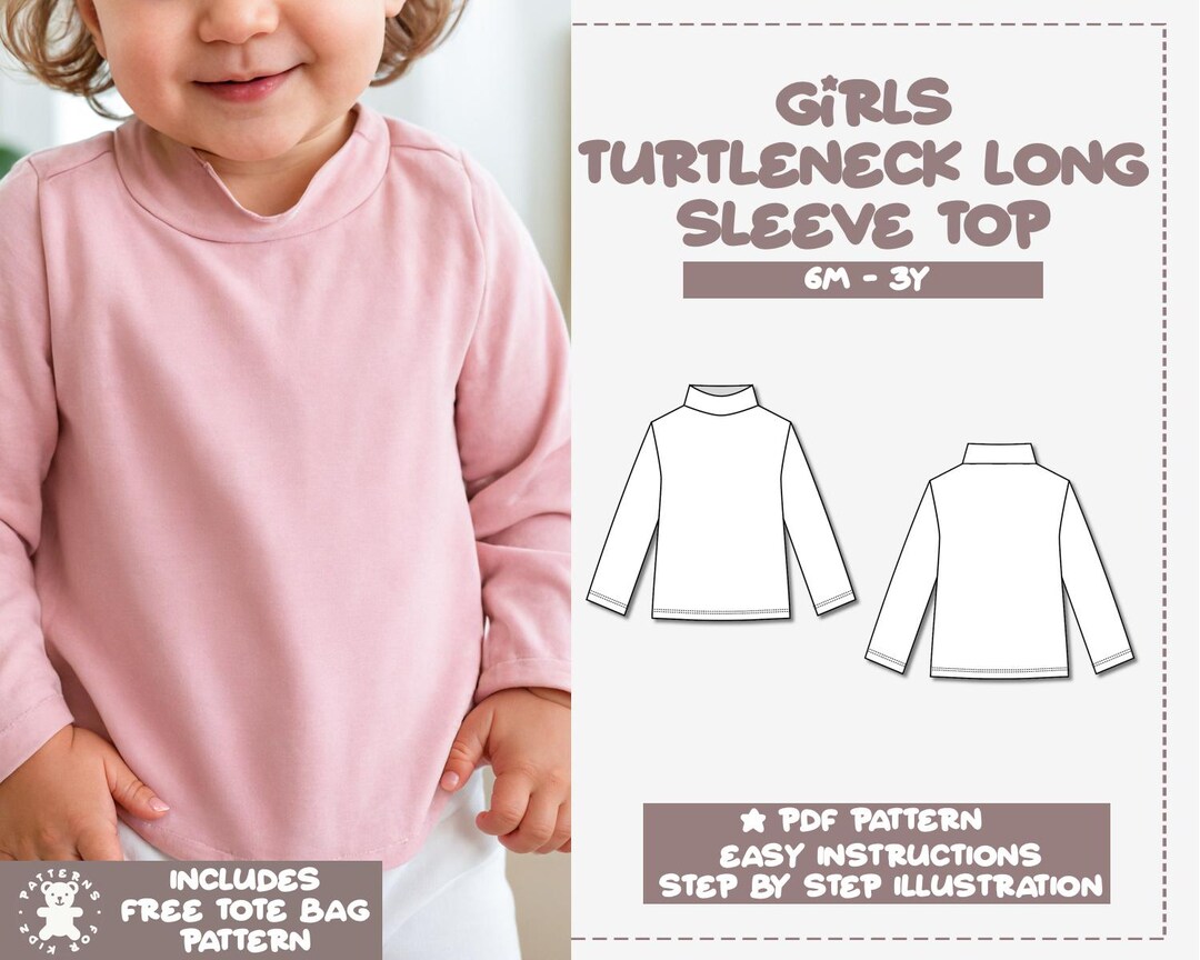 Top Sewing Pattern 6M-3Y Girls Turtleneck Long Sleeve Top PDF Pattern ...