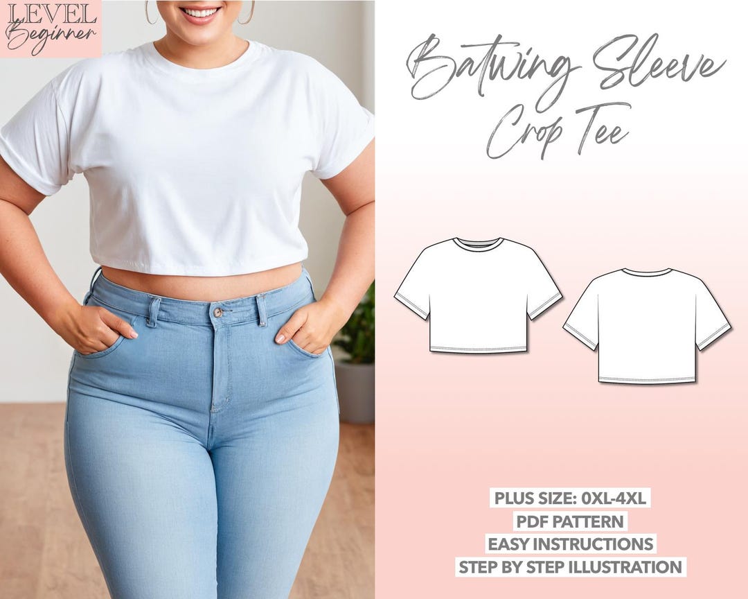 Plus Size Sewing Pattern 0XL-4XL Batwing Sleeve Crop Tee PDF Pattern ...