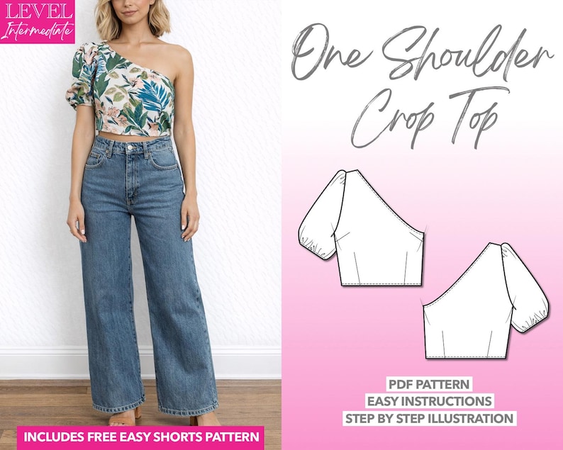 One Shoulder Crop Top Sewing Pattern: Puff Sleeve (PDF Pattern) - Etsy