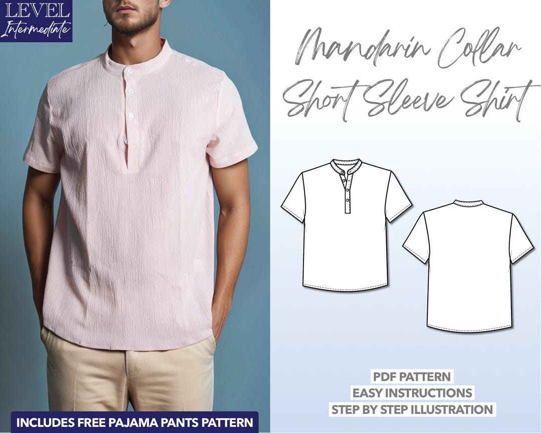 Men's Mandarin Collar Short Sleeve Shirt Sewing Pattern (PDF Pattern ...