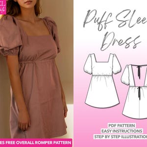 Puff Sleeve Dress Sewing Pattern Women Dress Pattern Backless Dress ...