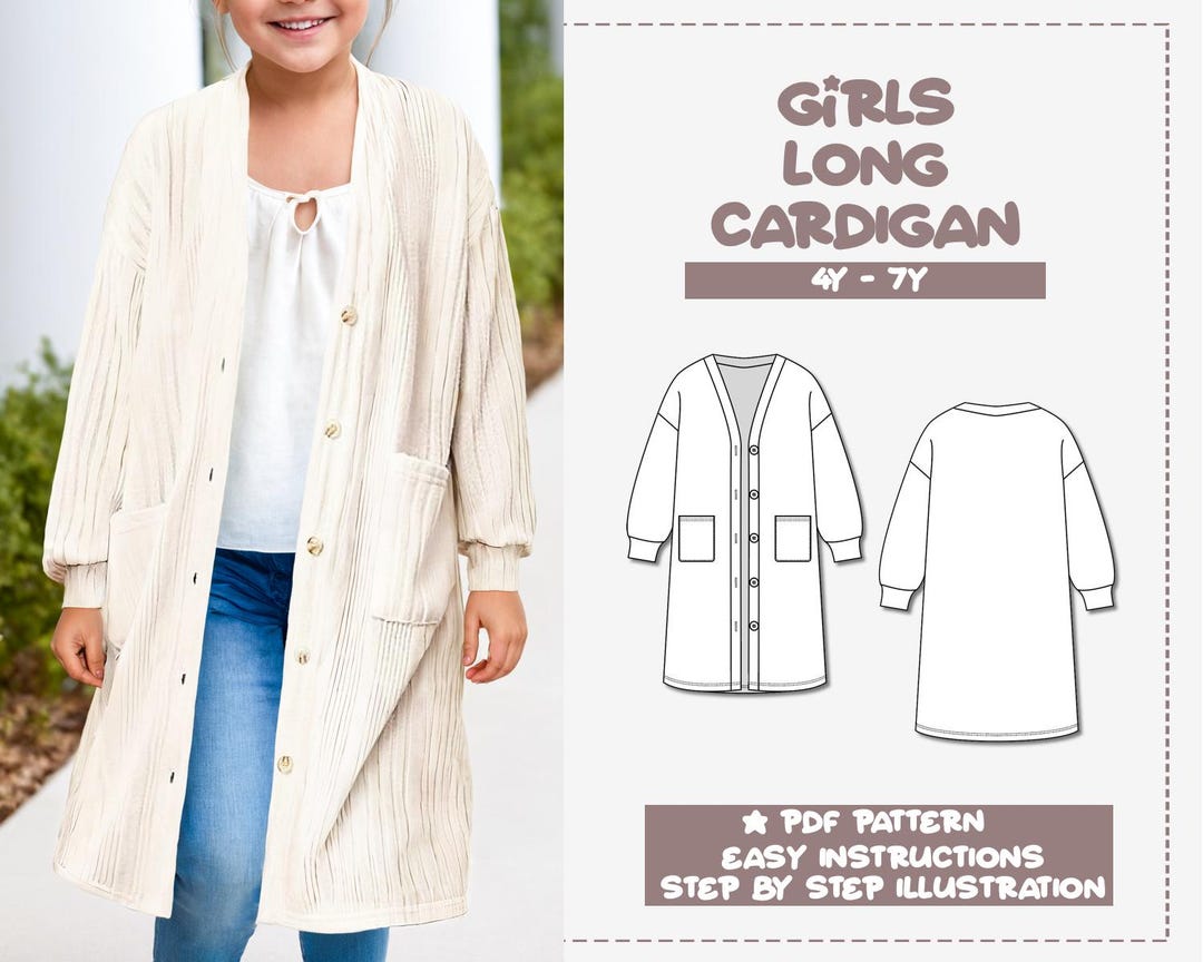 Girls Long Cardigan Sewing Pattern 4Y-7Y (PDF Pattern) - Etsy