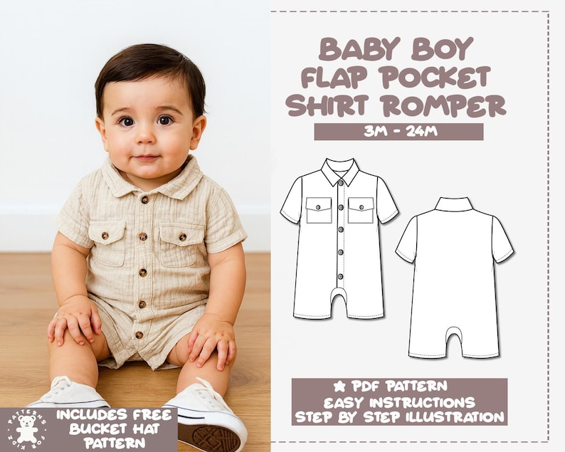 Baby Boy Flap Pocket Shirt Romper Sewing Pattern (PDF Pattern) - Etsy