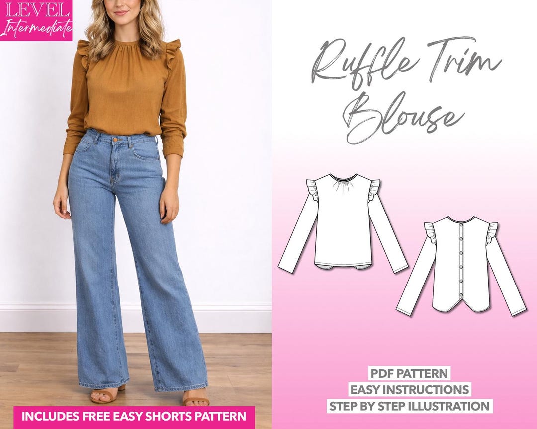 Ruffle Trim Blouse Sewing Pattern: Button Back Top (PDF Pattern, XS ...