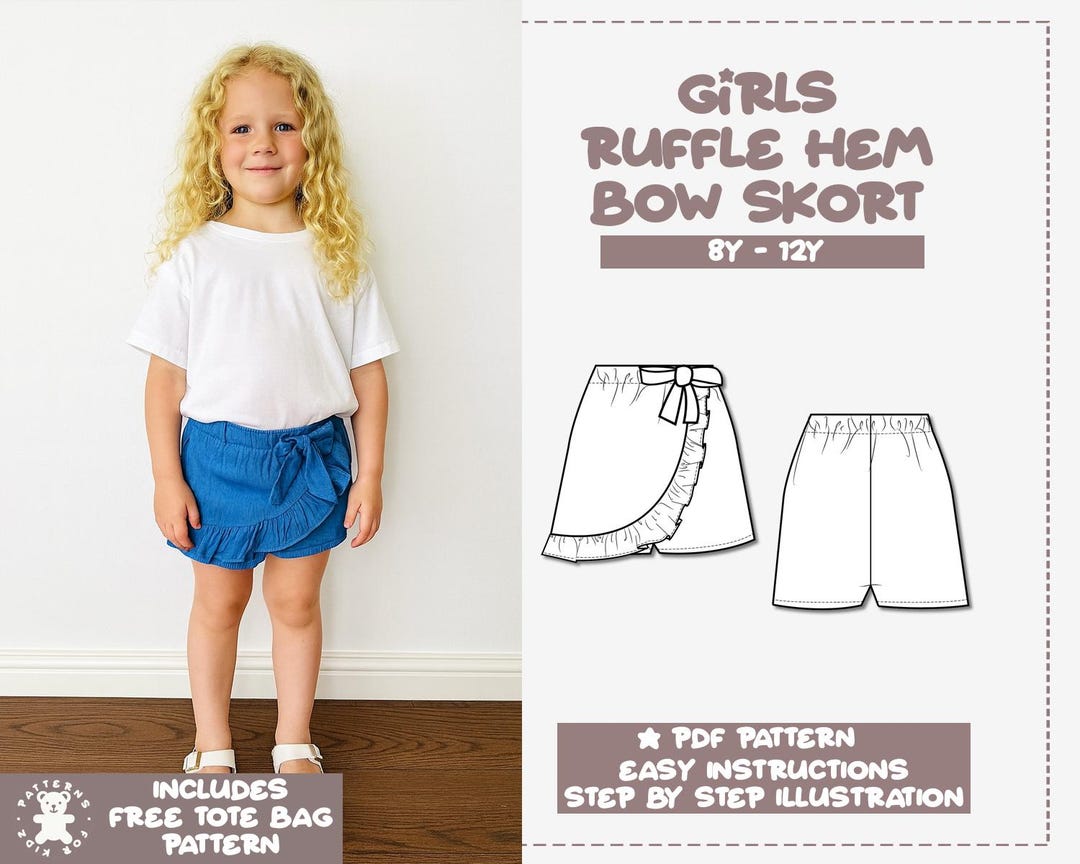 Girls Ruffle Hem Bow Skort Sewing Pattern (PDF Pattern 8Y-12Y) - Etsy