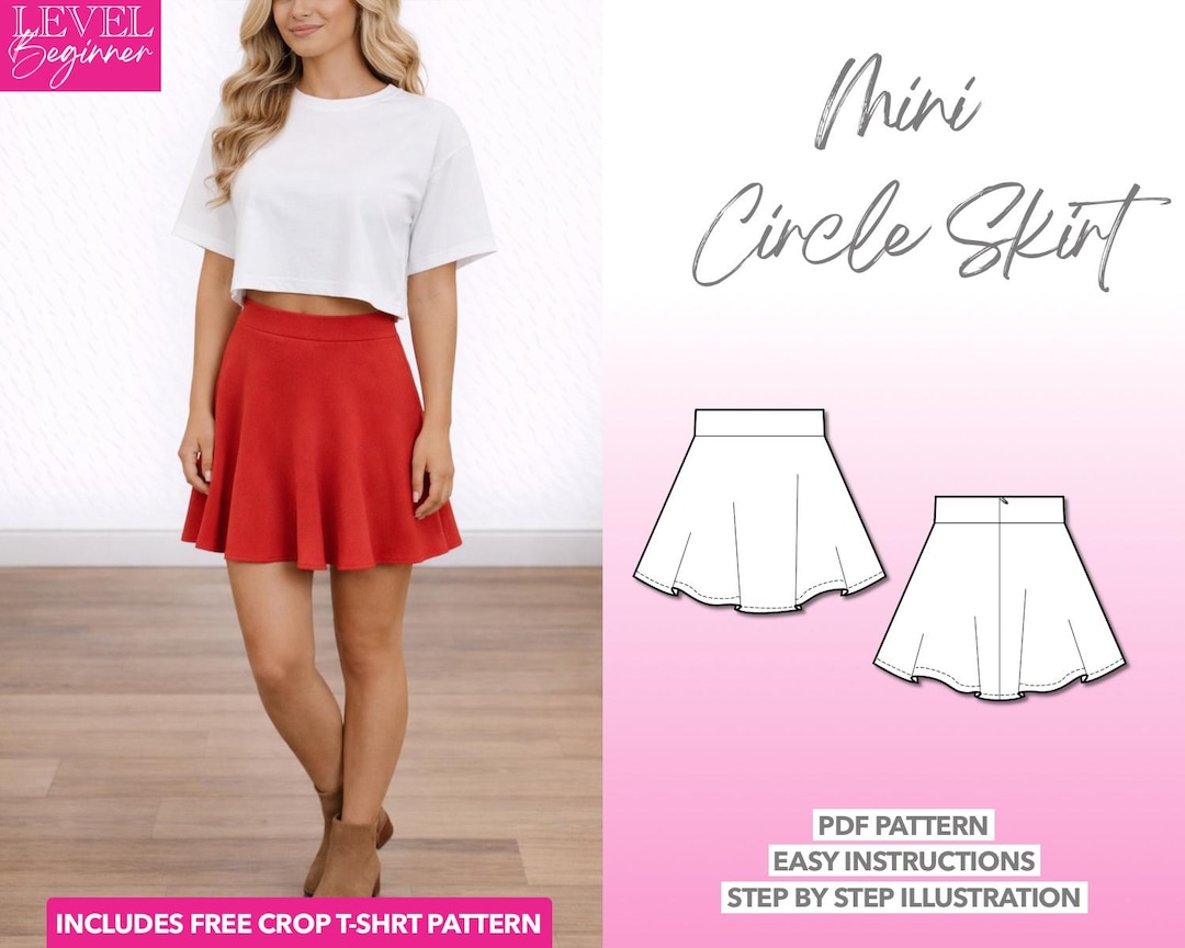 Mini Circle Skirt Sewing Pattern: Easy PDF (XS-XXXL) + Bonus Crop Top ...