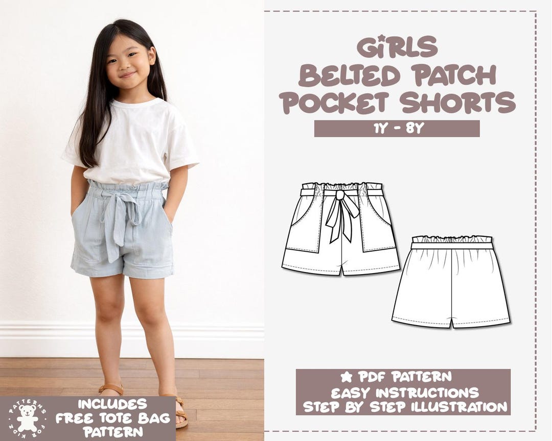 Girls Belted Patch Pocket Shorts Sewing Pattern (PDF Download 1Y-8Y ...