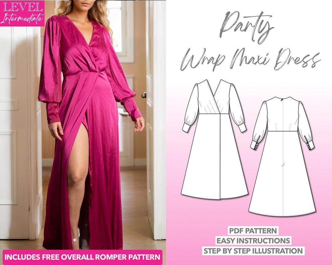 Dress Sewing Pattern Lantern Sleeve Wrap Maxi Dress Pattern Women ...
