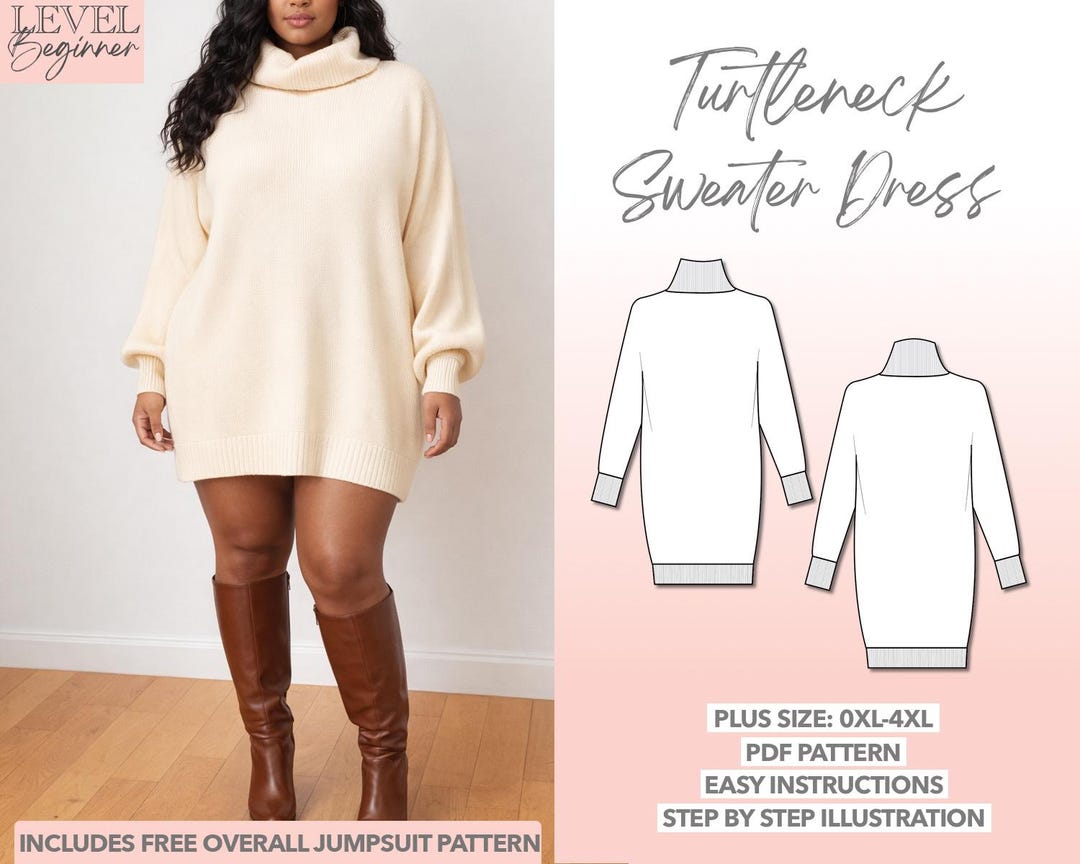 Plus Size Turtleneck Sweater Dress Sewing Pattern 0XL-4XL (PDF Pattern ...