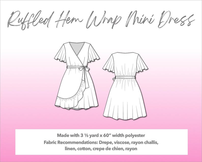 Ruffle Hem Faux Wrap Mini Dress Sewing Pattern (PDF Download XS-XXXL ...