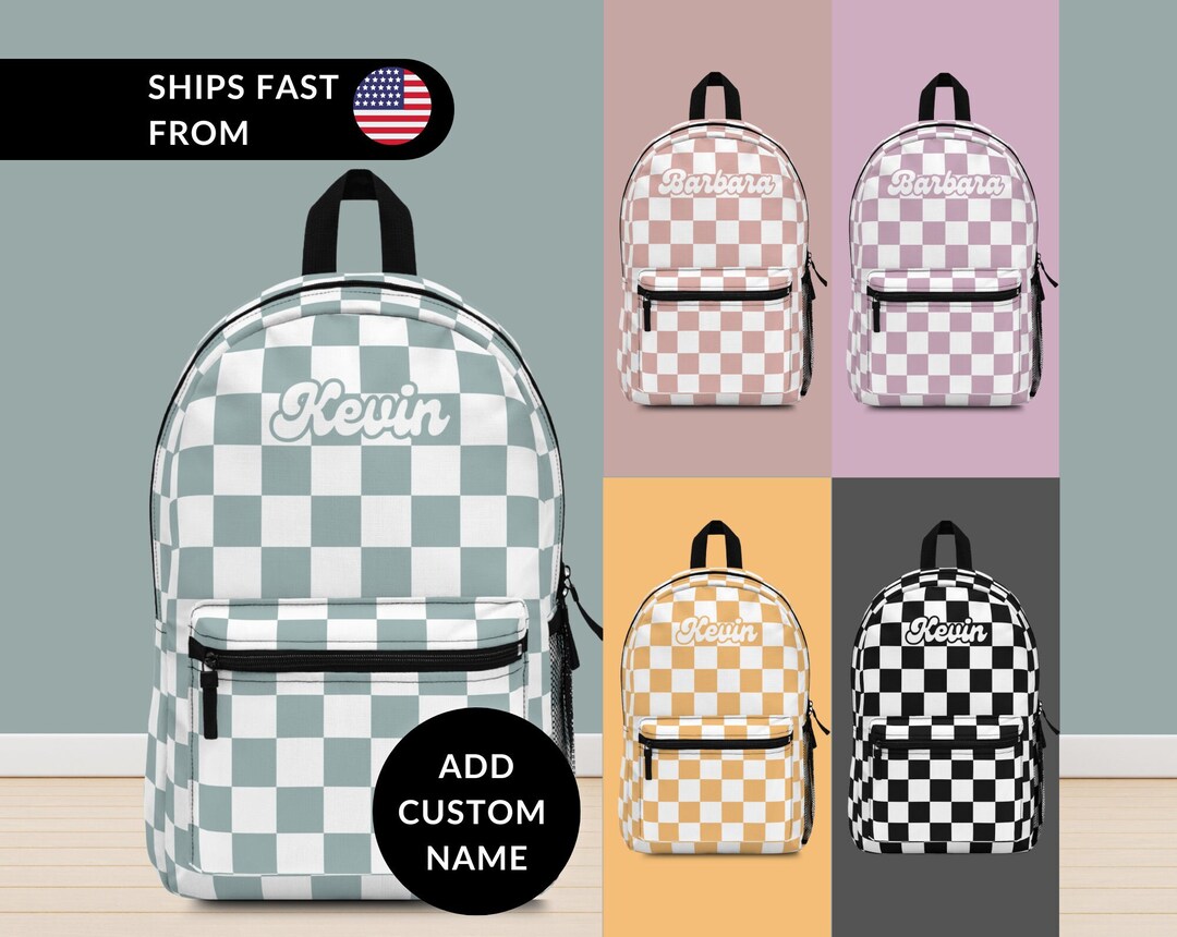 Custom Name Retro Blue Checkered Backpack Purse Women, Large Backpack ...