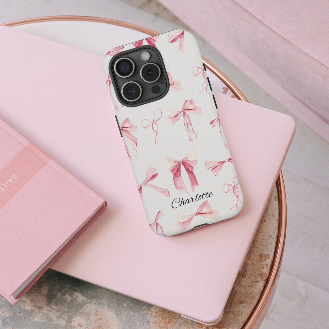 Custom Name Bow Print Coquette iPhone Case, Pink Ribbon Bows Watercolor Design, Retro Coquette ...