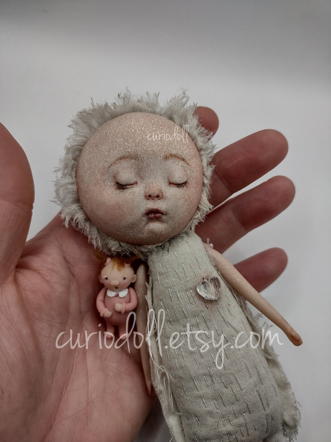 Handmade Whimsical Primitive Moon-face Doll and Her Baby Doll Companion ...