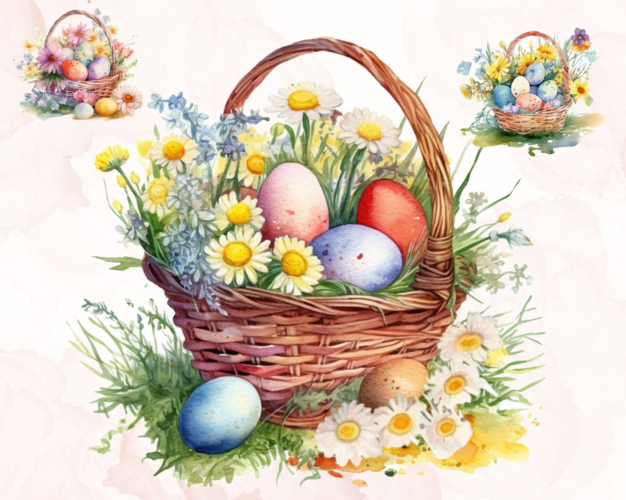 Easter Baskets Clipart, Watercolor, Digital Images, Transparent ...
