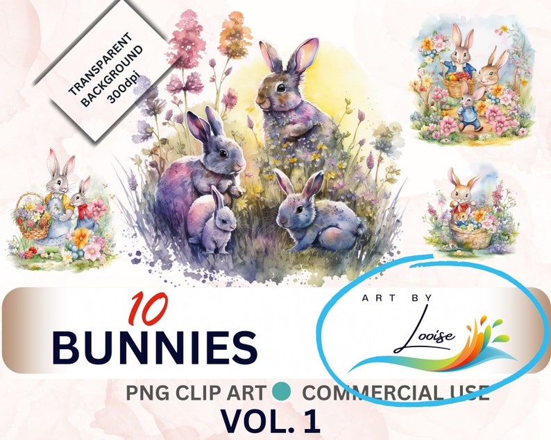 Bunnies, Watercolor, Cute Image, Digital Clip Art, PNG Printable ...