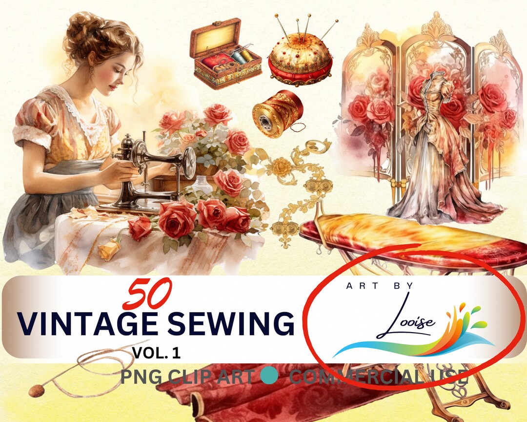 Victorian Vintage Sewing, Watercolor Digital Clipart: 50 Red and Gold ...