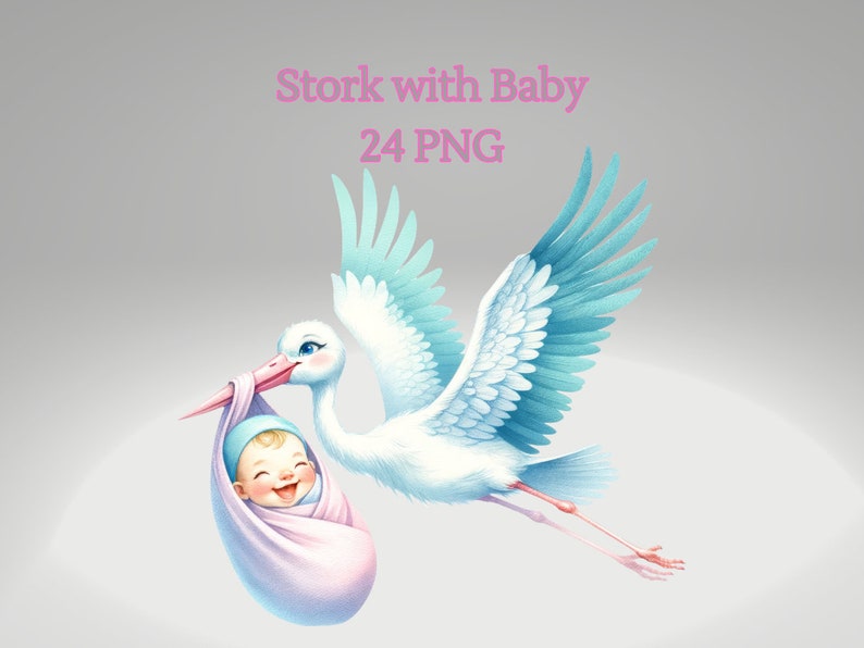 Pastel Pink Stork Baby Girl Clipart, Stork With Baby, Charming Stork ...