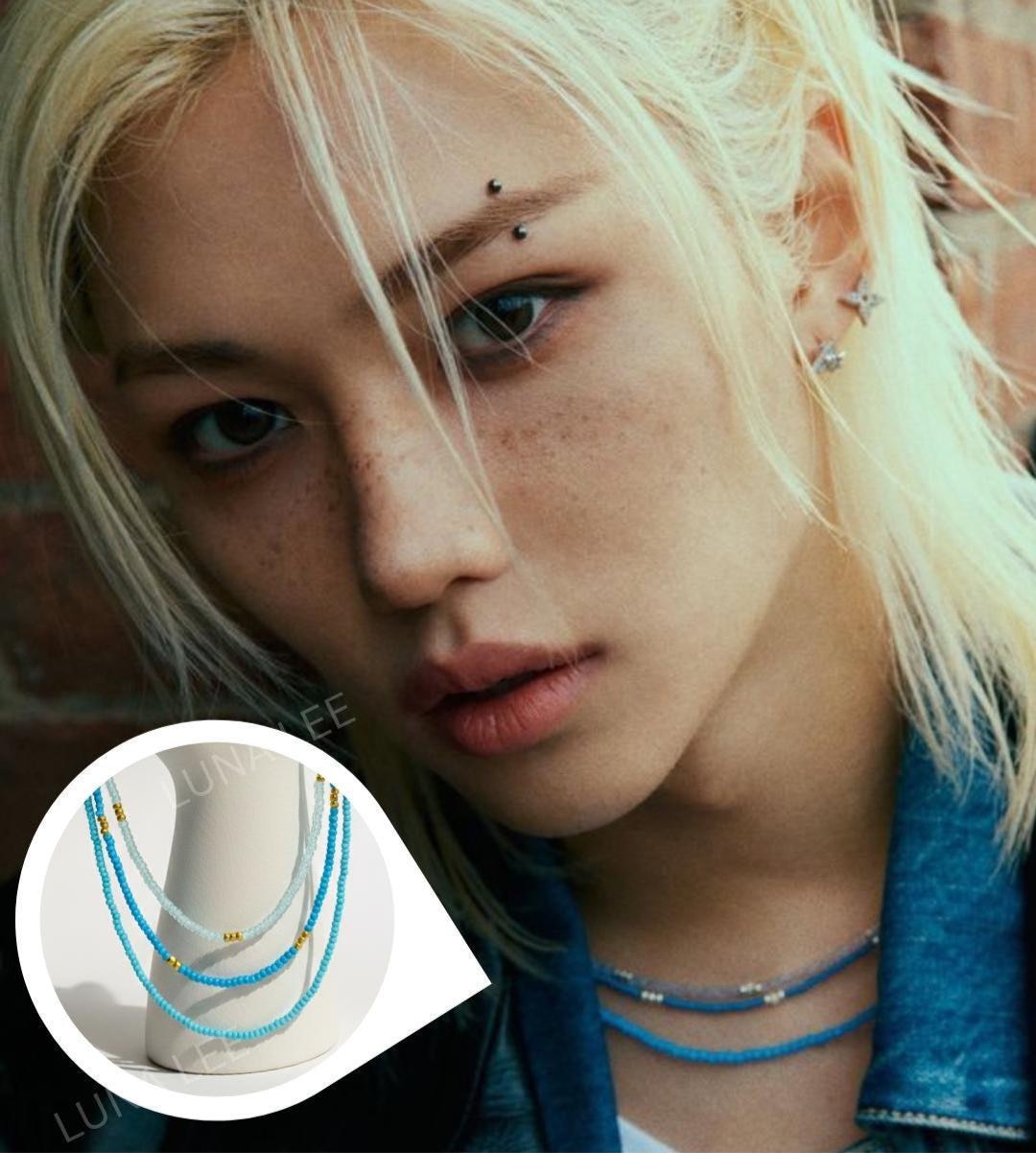 Stray Kids Felix Inspired 3pcs Blue Colour Beaded Gold Chain Layered ...