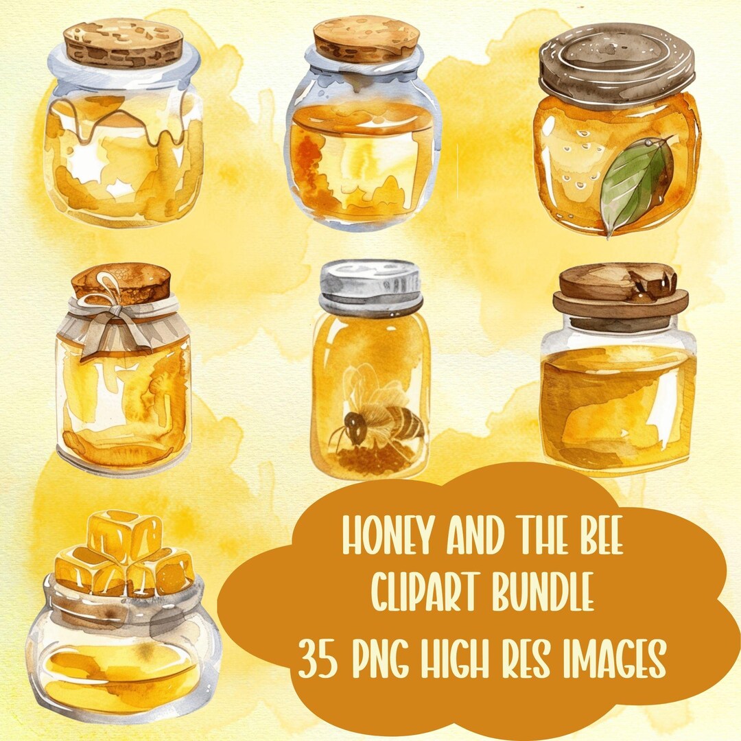 Watercolor Bee With Honey Clipart Bundle 35 High Resolution PNG Images ...