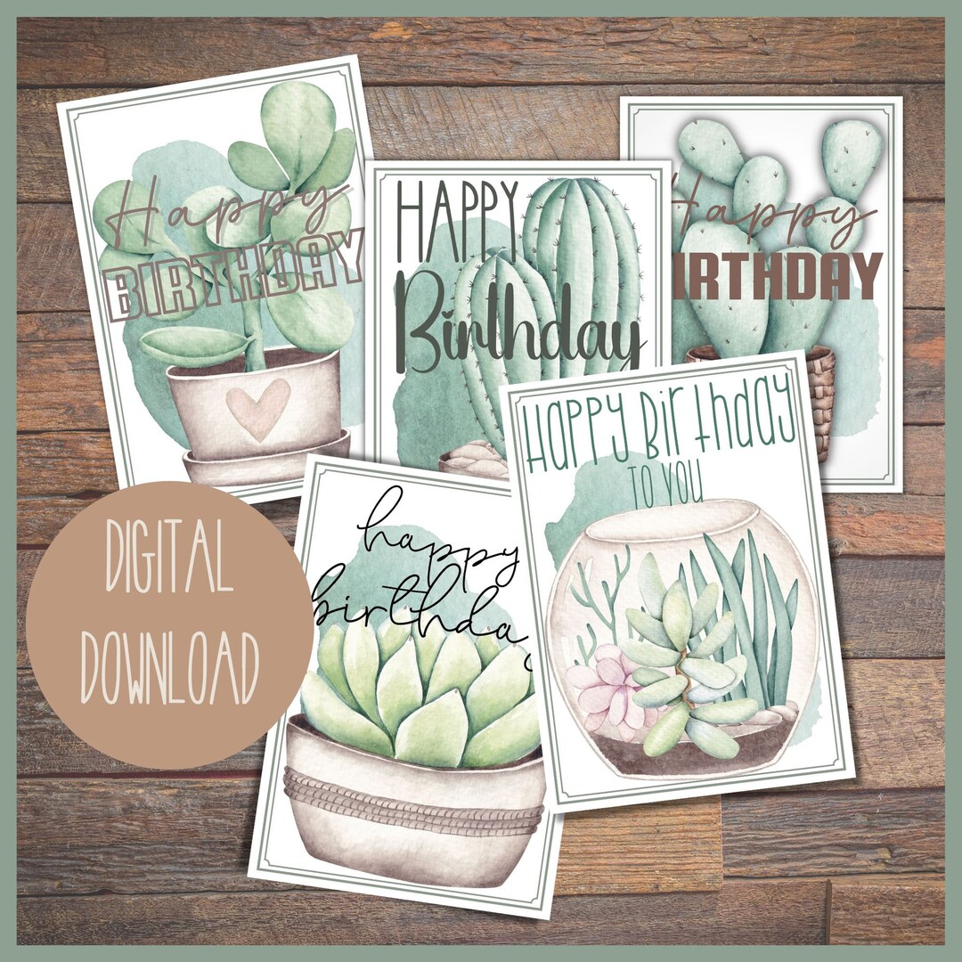 Digital Download Set of 5 House Plant Birthday Cards | Birthday Card ...