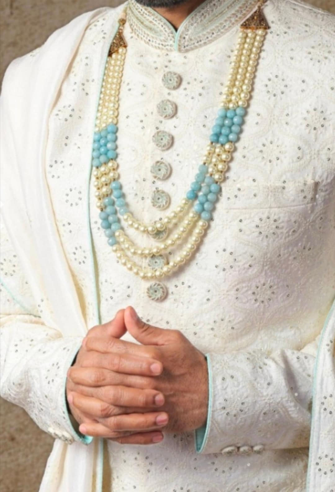 Men's Necklace Moti Mala for Men's Light Blue Pearl Traditional Stone ...