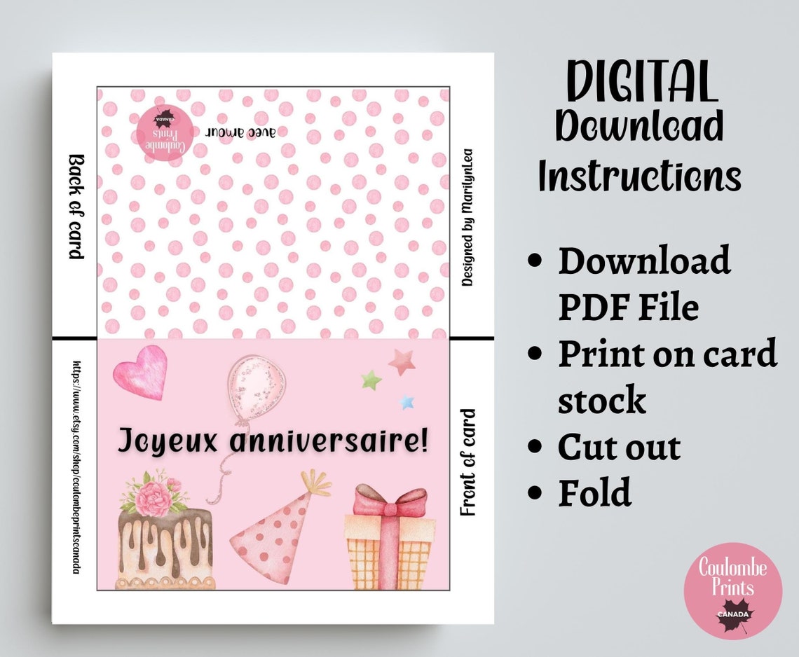 Joyeux Anniversaire, Printable French Birthday Card, Bonne Fete ...