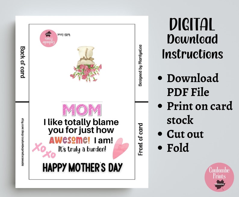 Printable Happy Mother's Day Card. Instant Download. 7x5 Inch Foldable ...