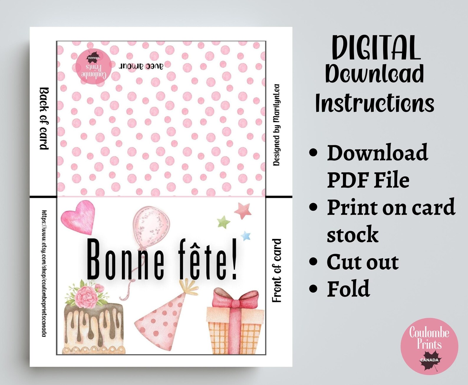 Bonne Fete, Printable French Birthday Card, Anniversaire, Instant ...