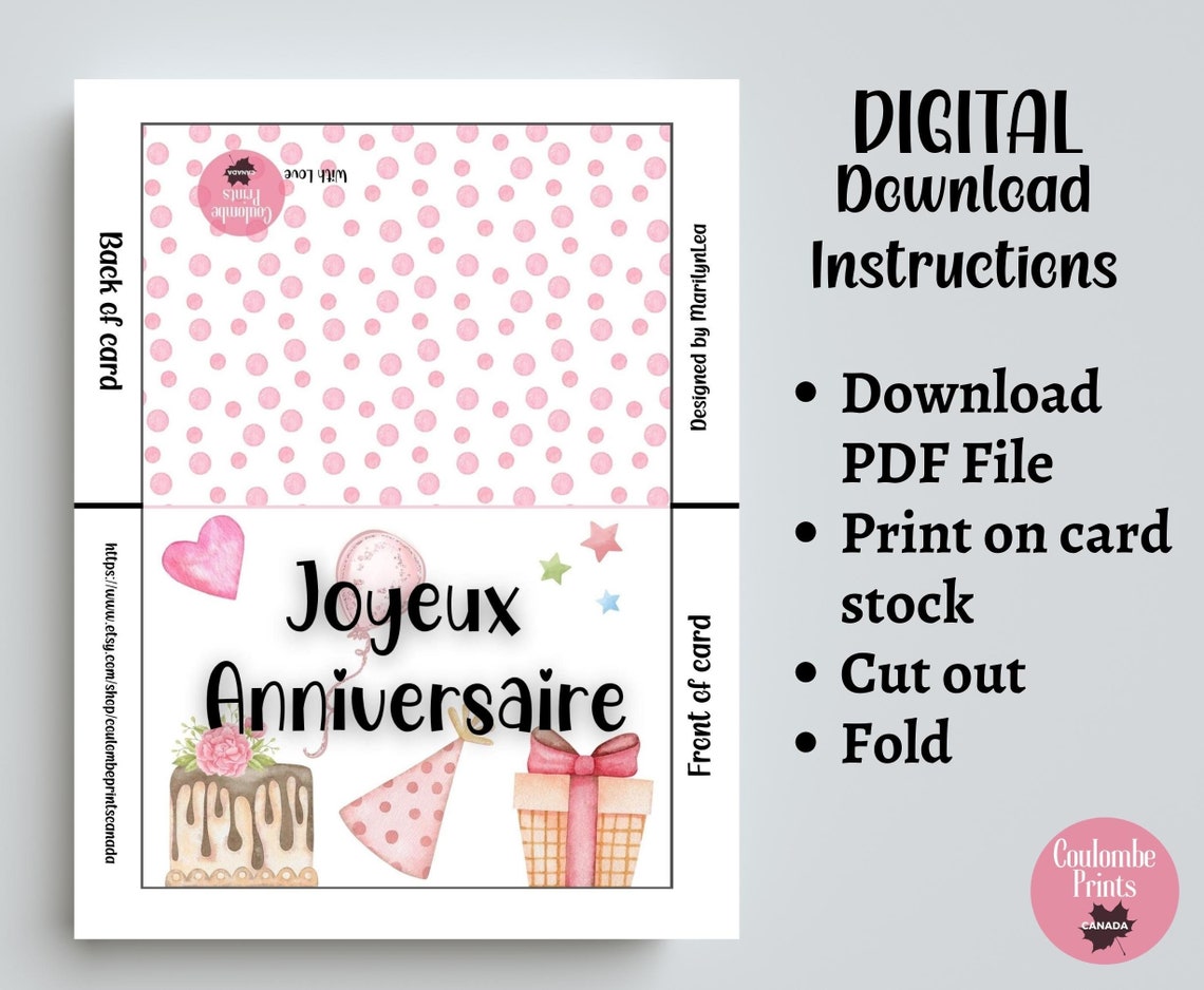 Joyeux Anniversaire, Printable French Birthday Card, Bonne Fete ...