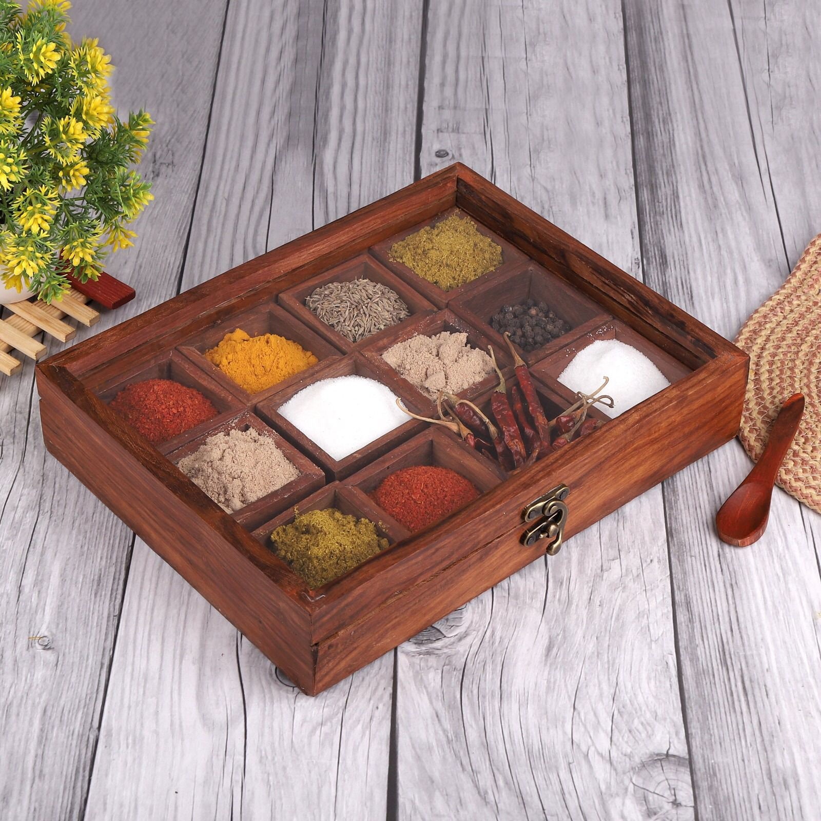 Spice Box With 1 Spoon sheesham Wood Spice Box for Kitchen/masala Box ...