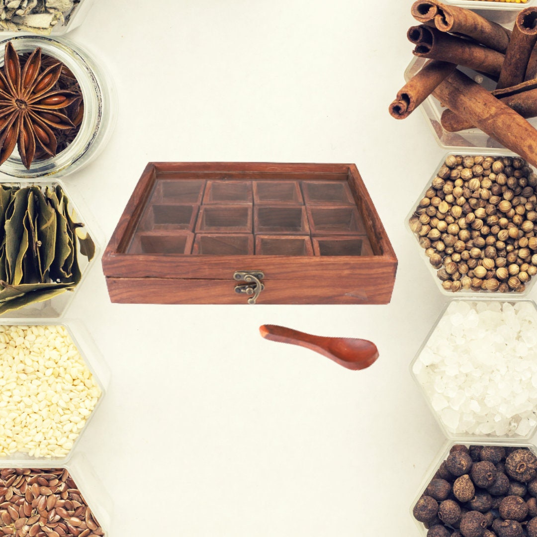 Spice Box With 1 Spoon sheesham Wood Spice Box for Kitchen/masala Box ...