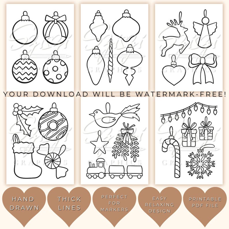 Christmas Ornaments Coloring Pages Hand Drawn Printable Christmas ...