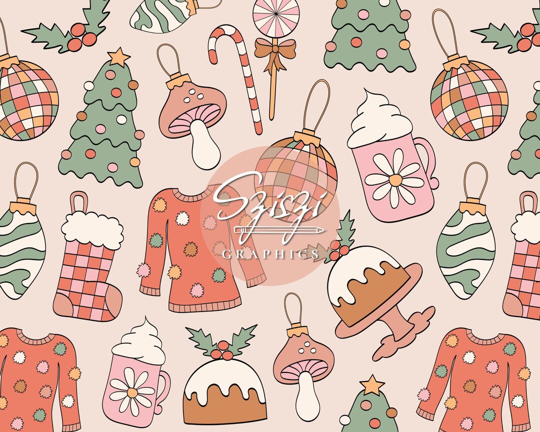 Retro Groovy Christmas Seamless Pattern 60s 70s Vintage Hippie Boho ...