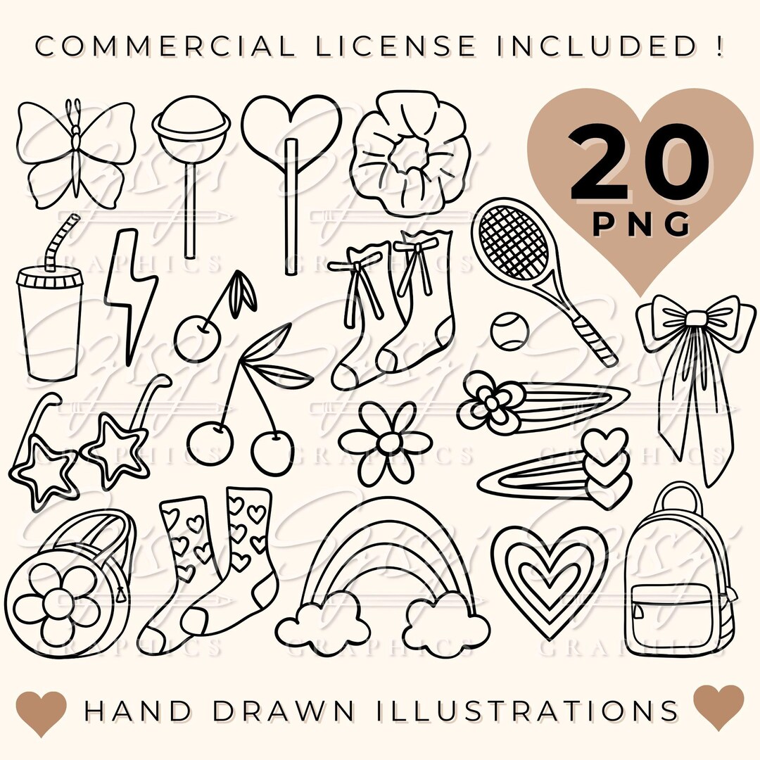 Preppy Clipart 90s Retro Doodle Girly Digital Stamps Teens School PNG ...