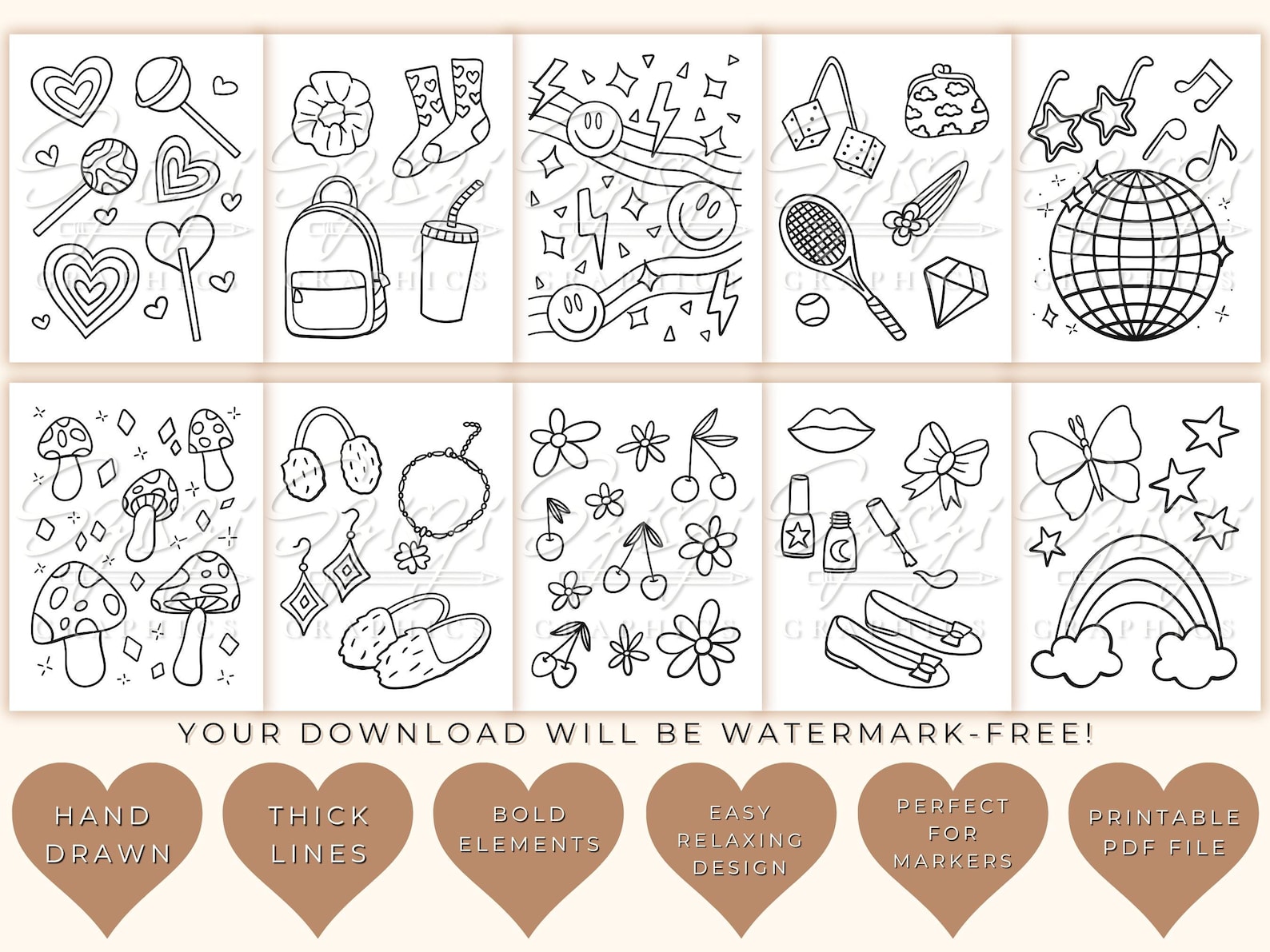 Preppy Coloring Pages Hand Drawn Printable Colouring Pages Doodle Y2K ...