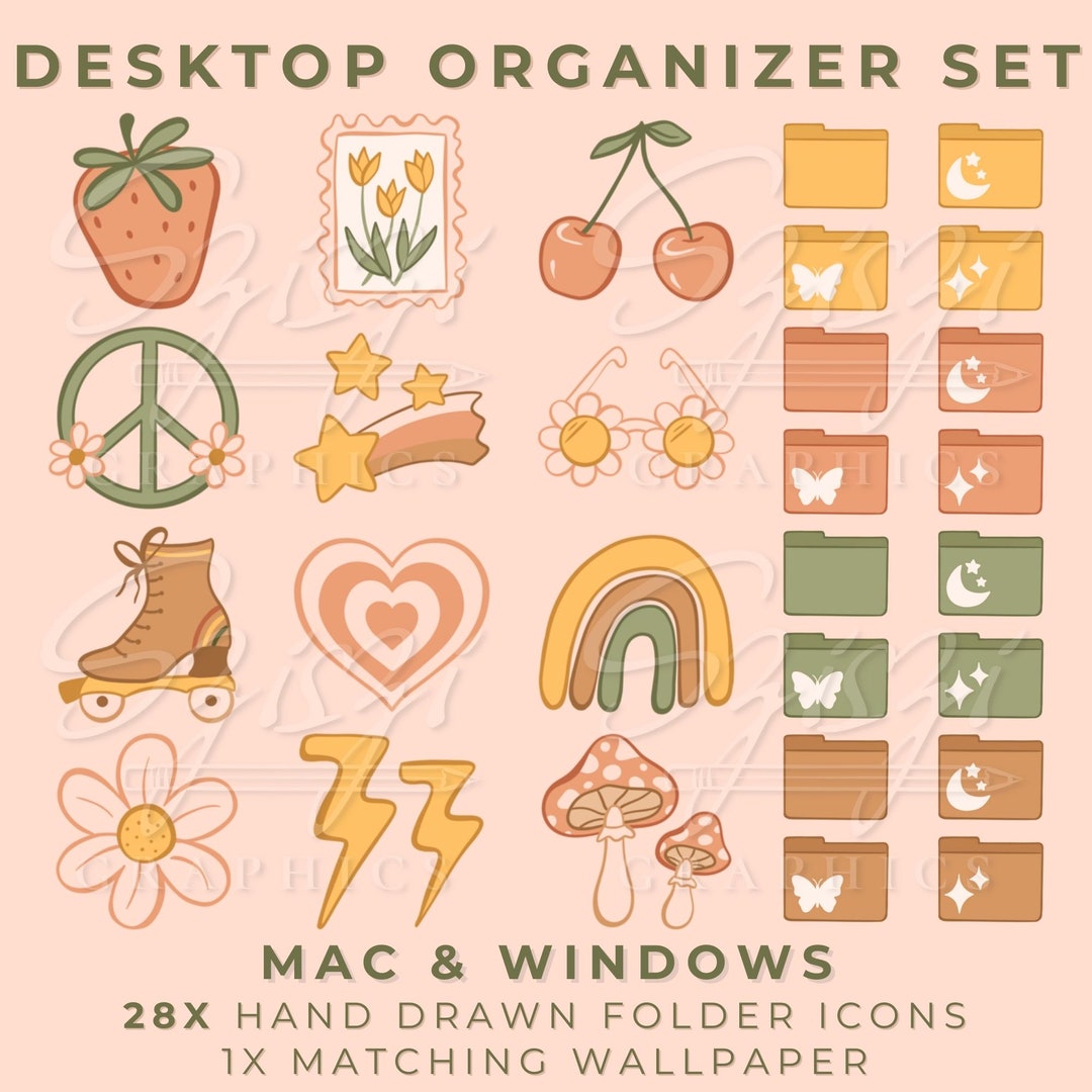 Desktop Organizer Wallpaper Folder Icons Boho Groovy Preppy Funky ...