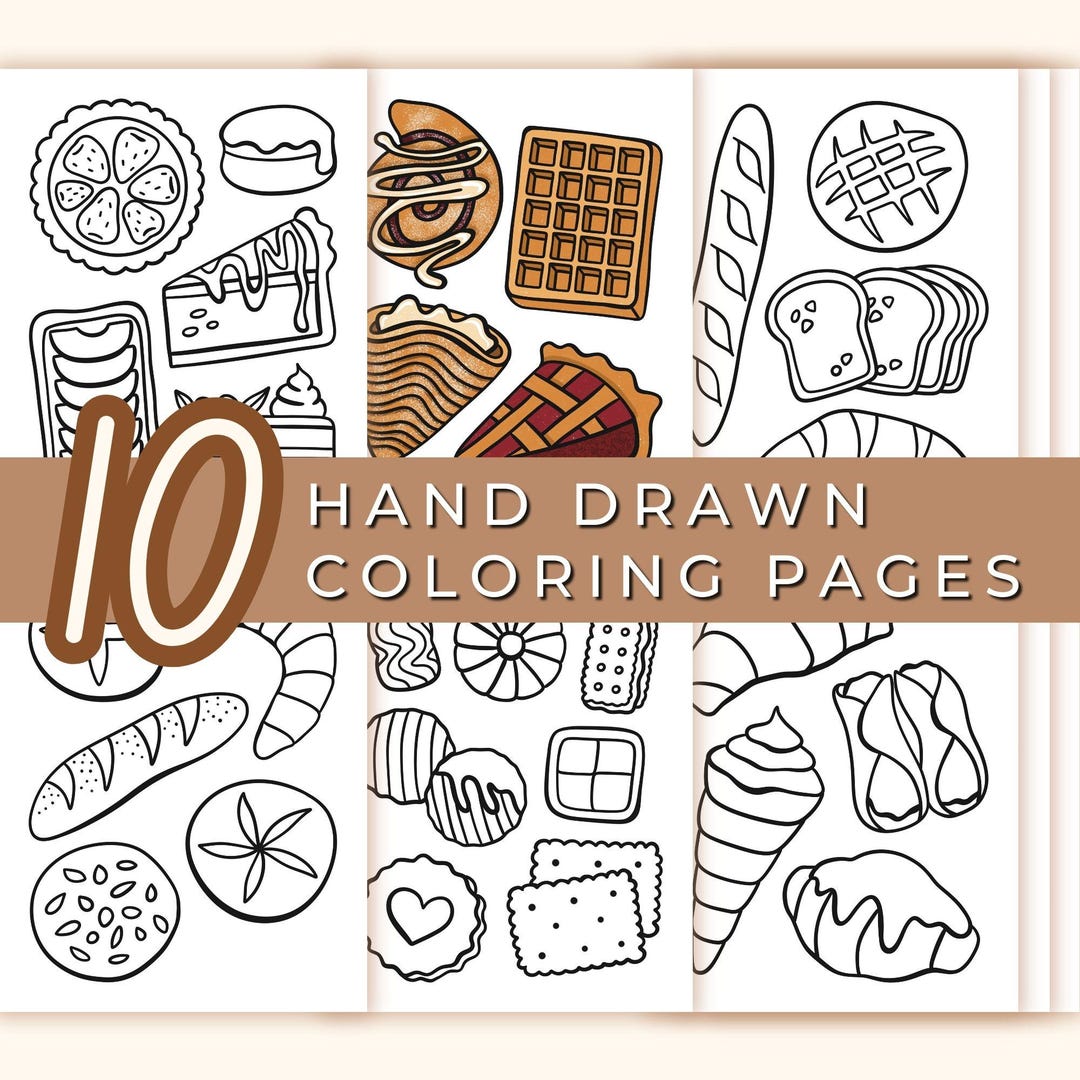 Bakery Coloring Pages Hand Drawn Printable Food Coloring Sheets Baking ...