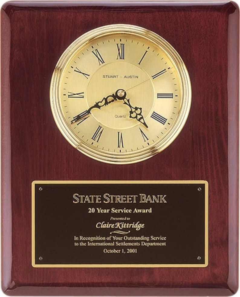 Personalized Rosewood Clock Plaque, Custom Award, Employee Recognition ...