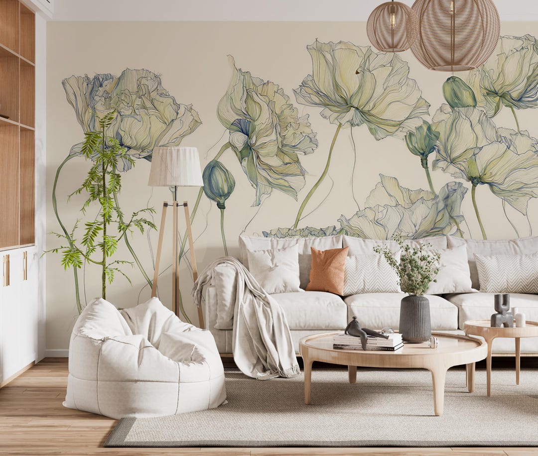 Poppy Peel and Stick Wallpaper, Botanical Line Art in Sage Blue on ...