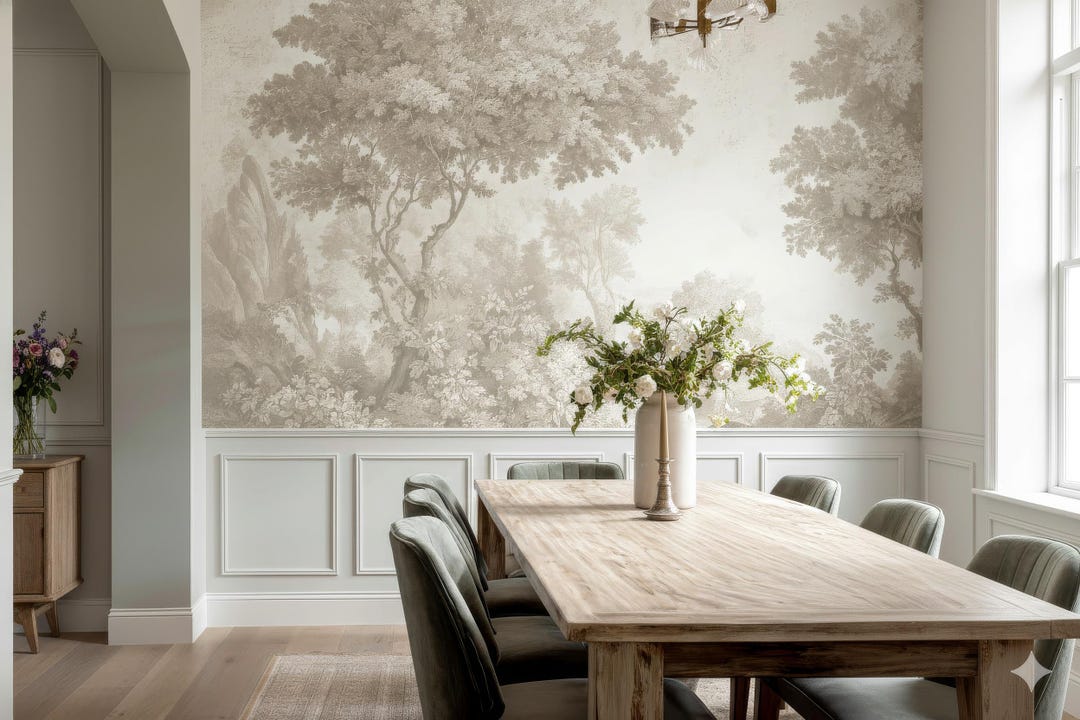 Neutral Limestone Beige Wallpaper Mural – Soft Misty Botanical ...
