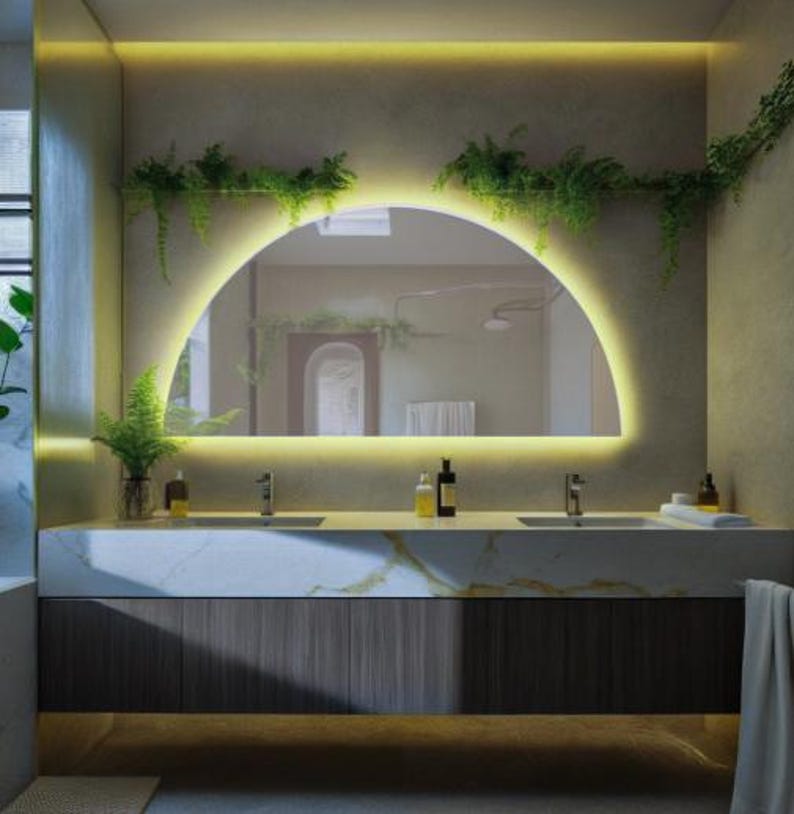 Half Circle LED Lighted Bathroom Mirror - Radius Bathroom Washbasin ...