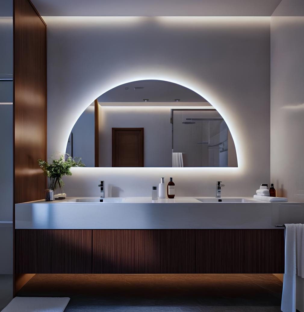 Half Circle LED Lighted Bathroom Mirror - Radius Bathroom Washbasin ...