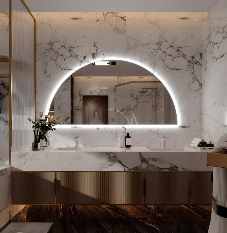 Half Circle LED Lighted Bathroom Mirror - Radius Bathroom Washbasin ...