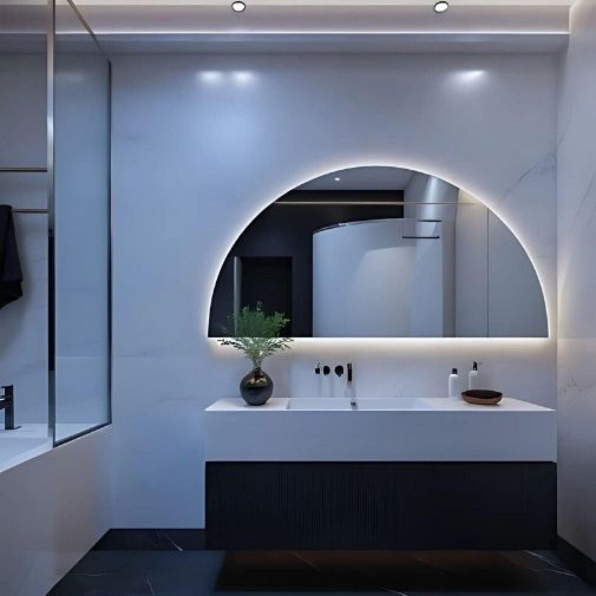 Half Moon LED Lighted Bathroom Mirror - Radius Bathroom Washbasin ...