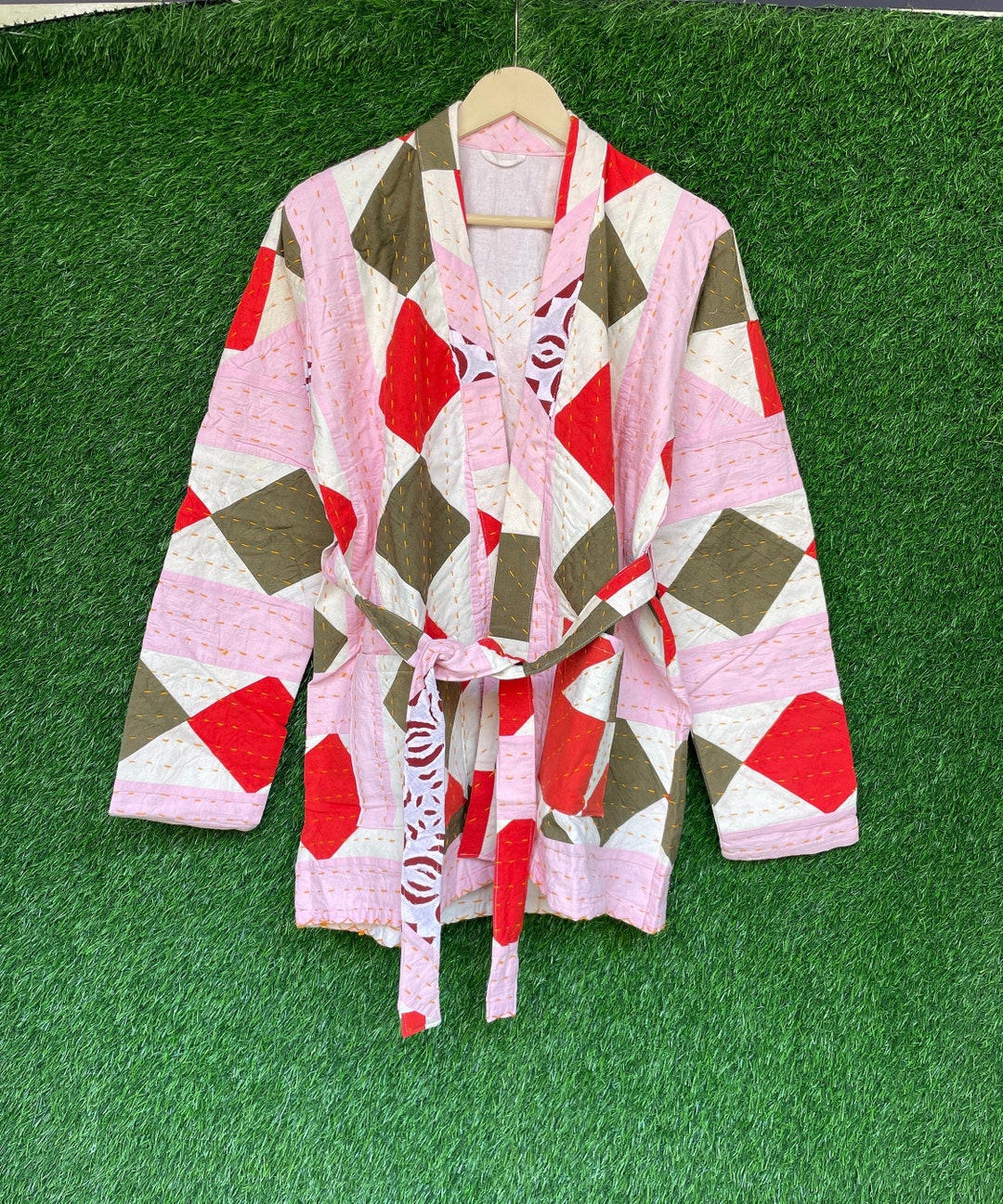 Cotton Kimono Jacket, Cotton Quilted Multi-coloured Patchwork and ...