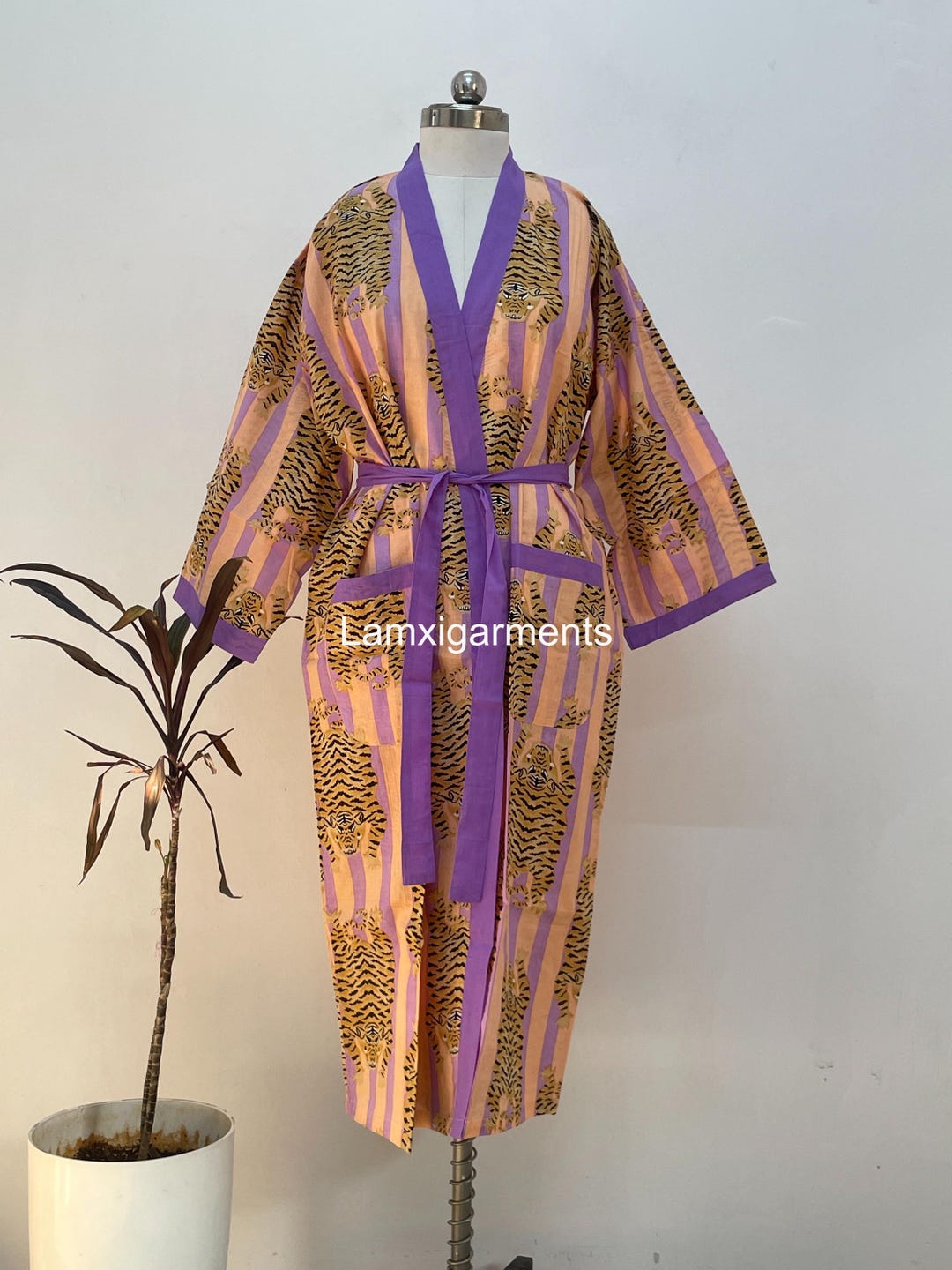 Tiger Stripe Cotton Kimono Robe | Hand Block Print Bathrobe | Cover-up ...