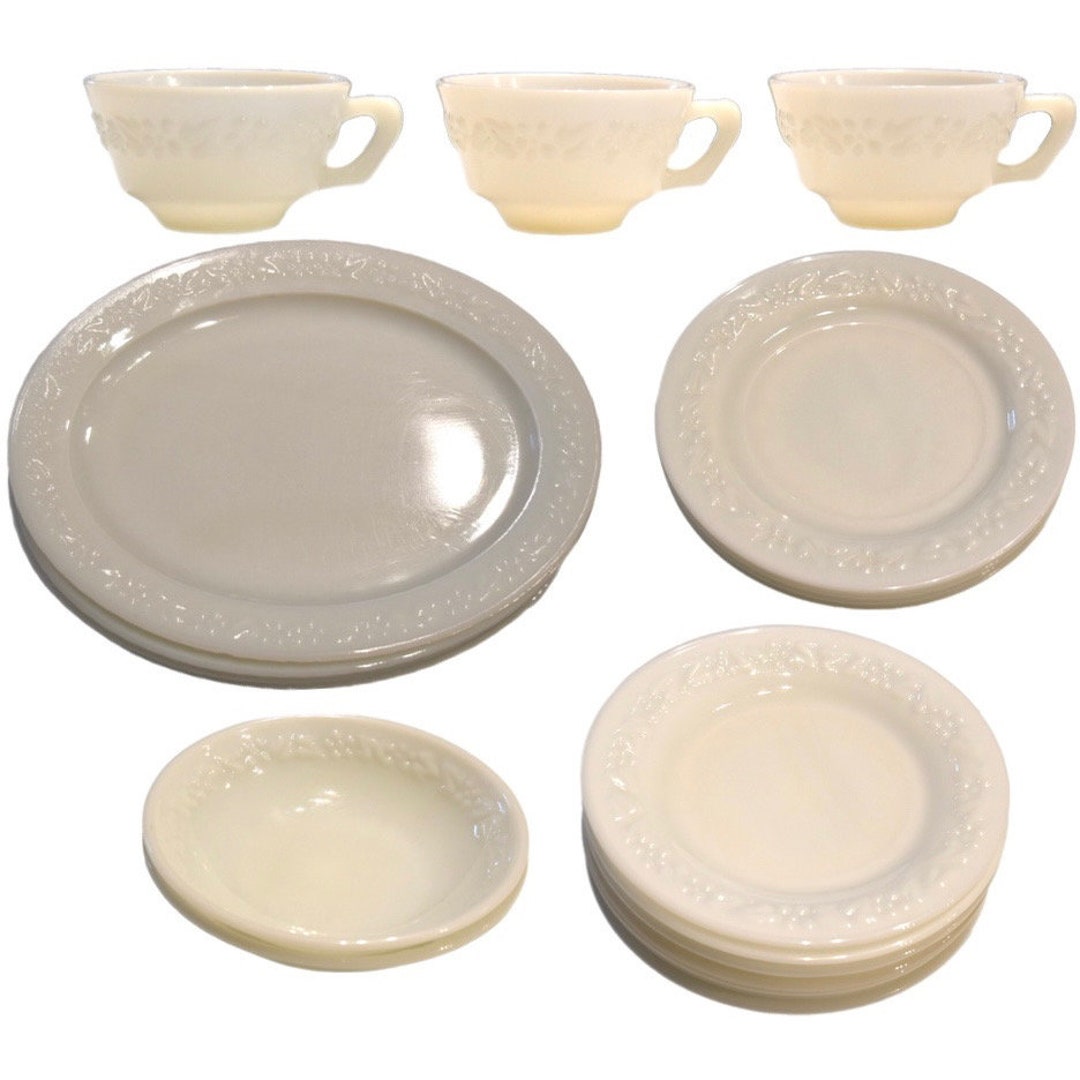 Vtg Hazel Atlas White Embossed Floral Milk Glass Dinnerware Oval ...