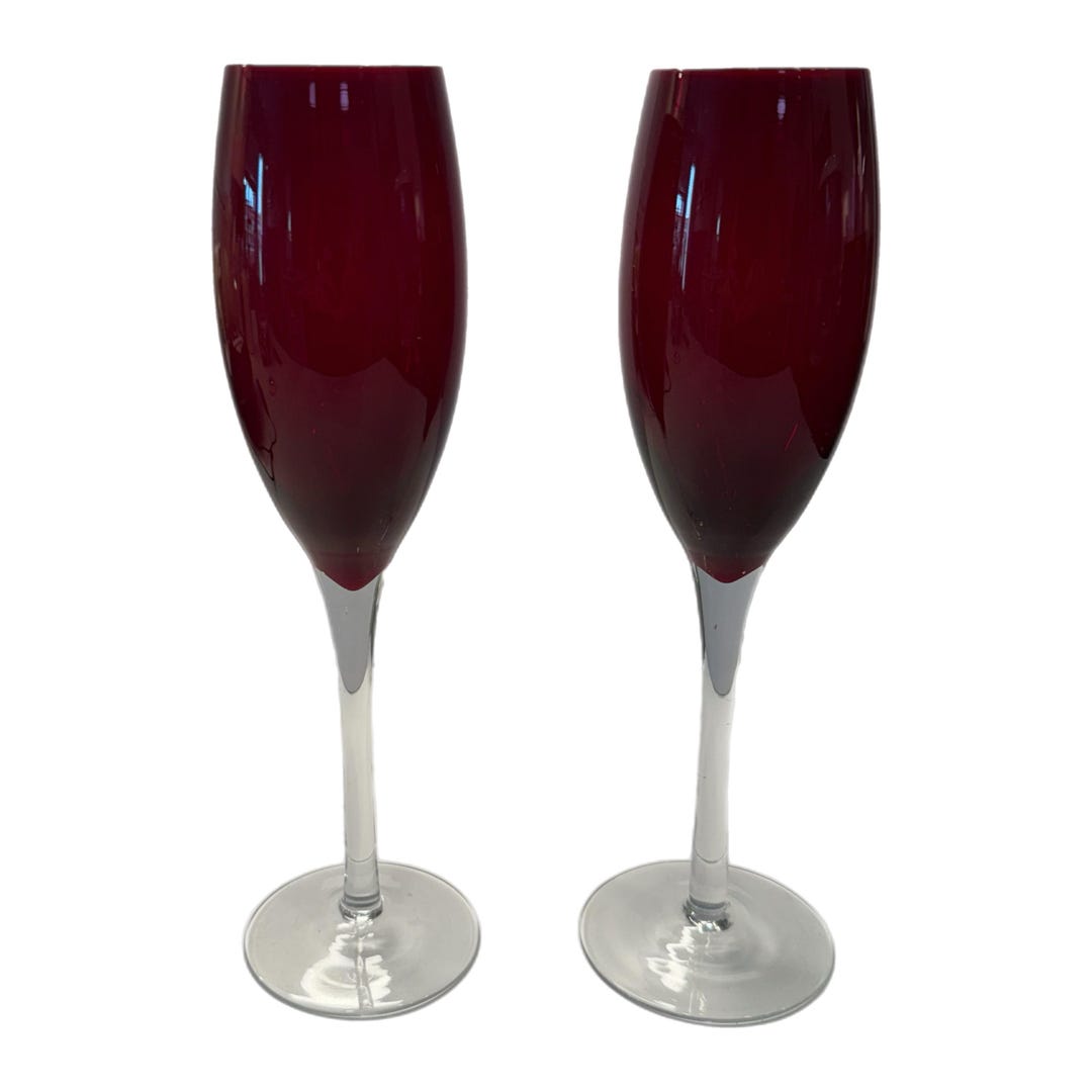 Set of 2 Vintage Ruby Red Wine Glasses Champagne Flutes 9” Tall - Etsy